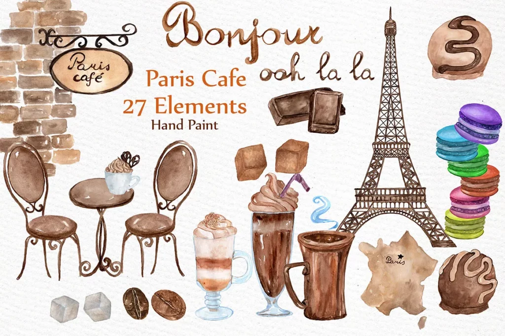 Vintage Paris Coffee Watercolor Clipart Png - free svg files for cricut